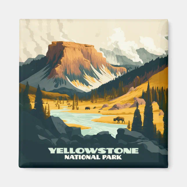 Yellowstone National Park Wyoming Mountains Retro Magnet | Zazzle