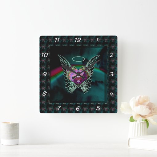 Yin Yang, Angel Wings, Heart and Stars Square Wall Clock | Zazzle