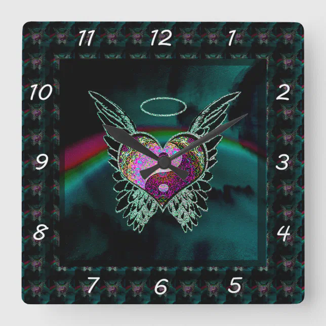 Yin Yang, Angel Wings, Heart and Stars Square Wall Clock | Zazzle