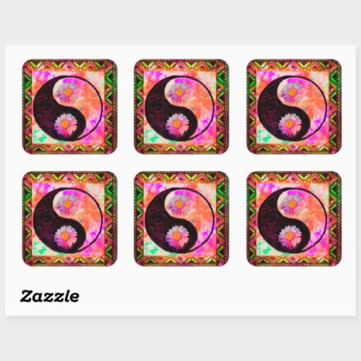 Yin Yang Boho Aztec Peace Love Tie Dye Rainbow Square Sticker | Zazzle