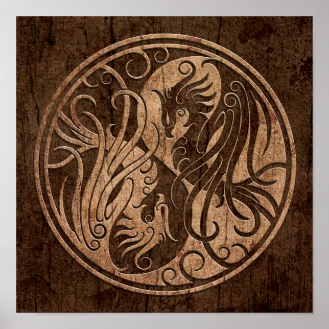 Yin Yang Phoenix with Wood Grain Effect Poster | Zazzle