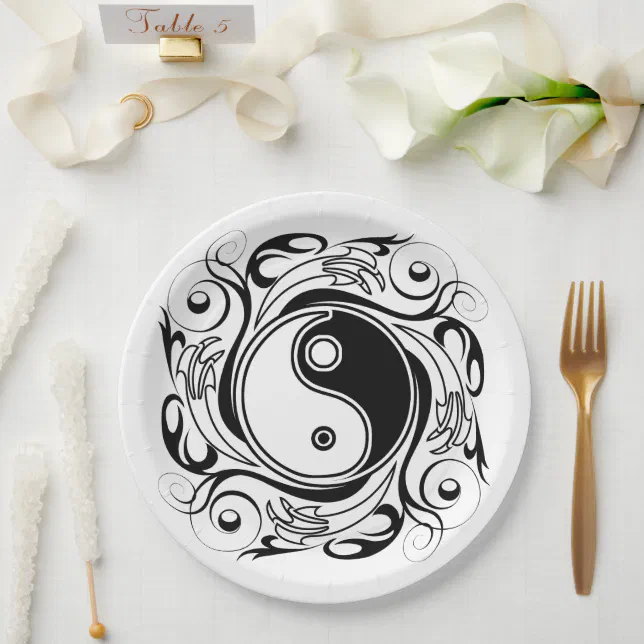 Yin & Yang Symbol Black and White Tattoo Style Paper Plates | Zazzle