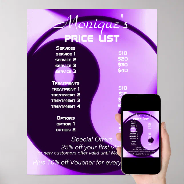 Yin Yang zen yoga price list Poster | Zazzle
