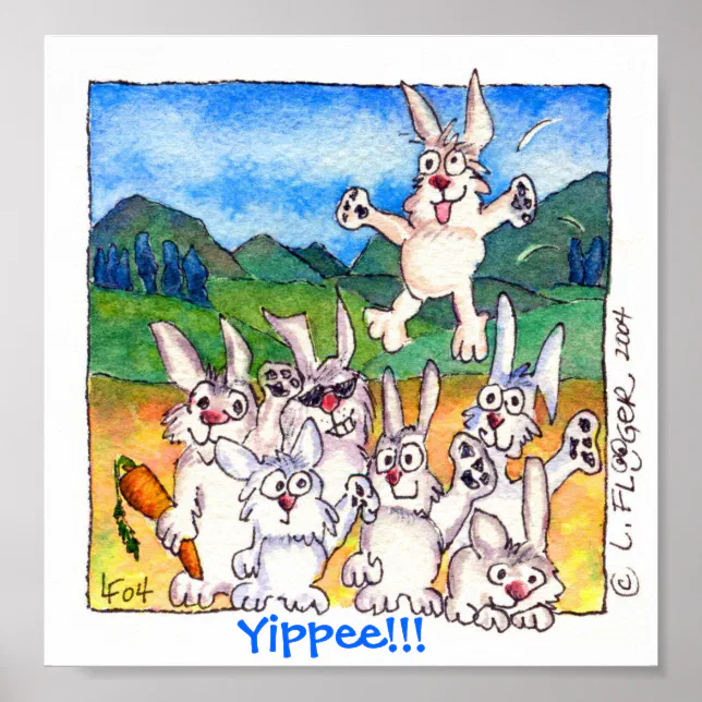 Yippee!!! - Cute Cartoon Bunnies Poster Print | Zazzle