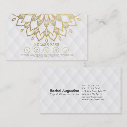 Yoga Class Pass Gold Mandala Floral White Leather Loyalty Card | Zazzle