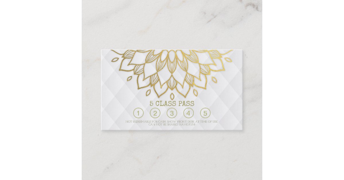 Yoga Class Pass Gold Mandala Floral White Leather Loyalty Card | Zazzle