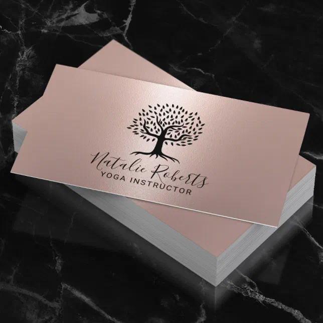 Yoga Instructor Life Coach Tree Logo Rose Gold Business Card | Zazzle
