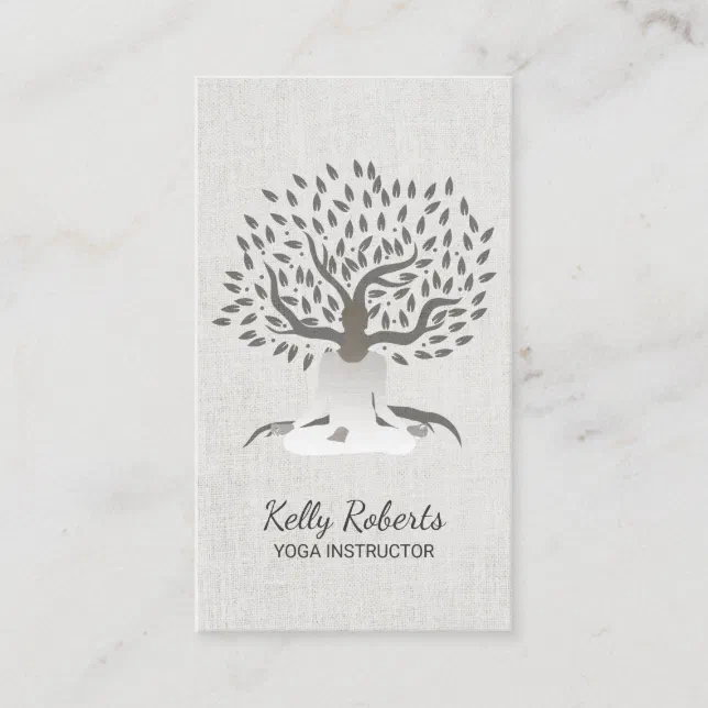 Yoga Instructor Vintage Tree Classy Linen Business Card | Zazzle
