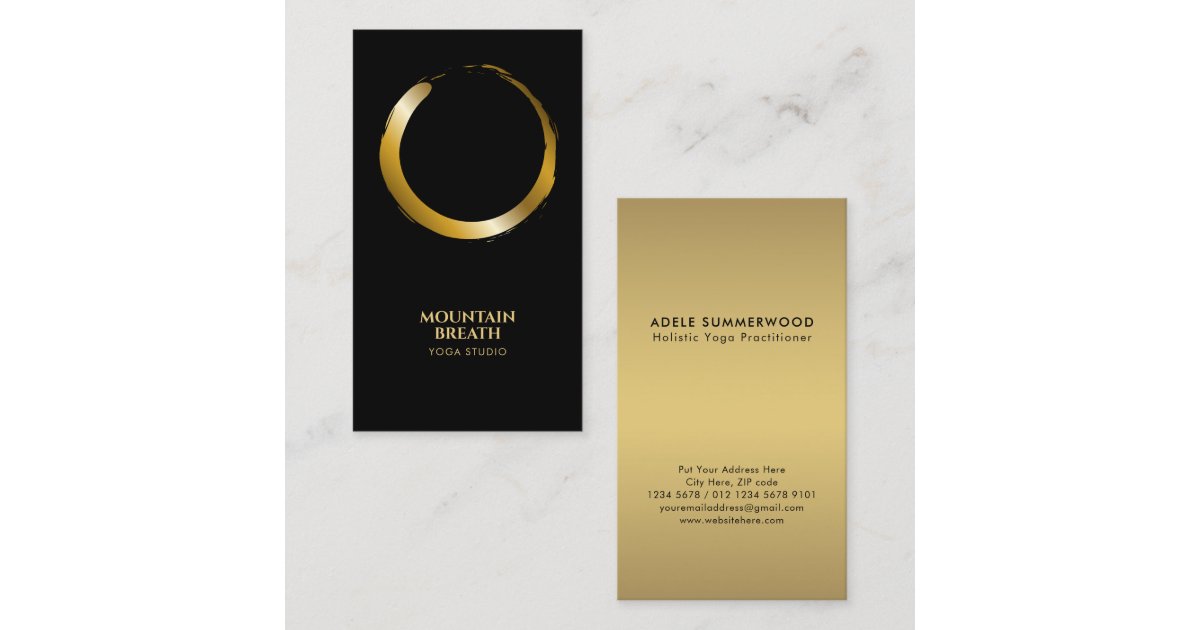 Yoga Minimalist Golden Enso Circle Motif Black Business Card | Zazzle