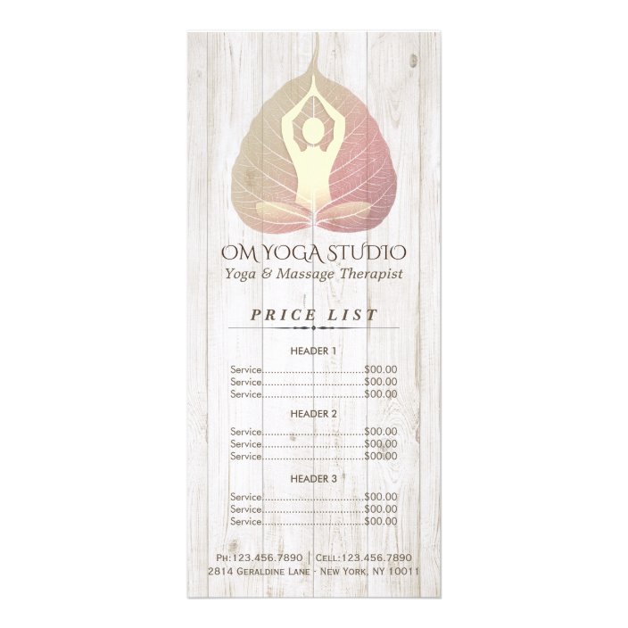YOGA Studio Price List Meditation Pose Bodhi Leaf Rack Card | Zazzle.com