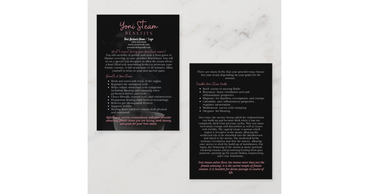 Yoni Steam Benefits Infocard Business Card | Zazzle