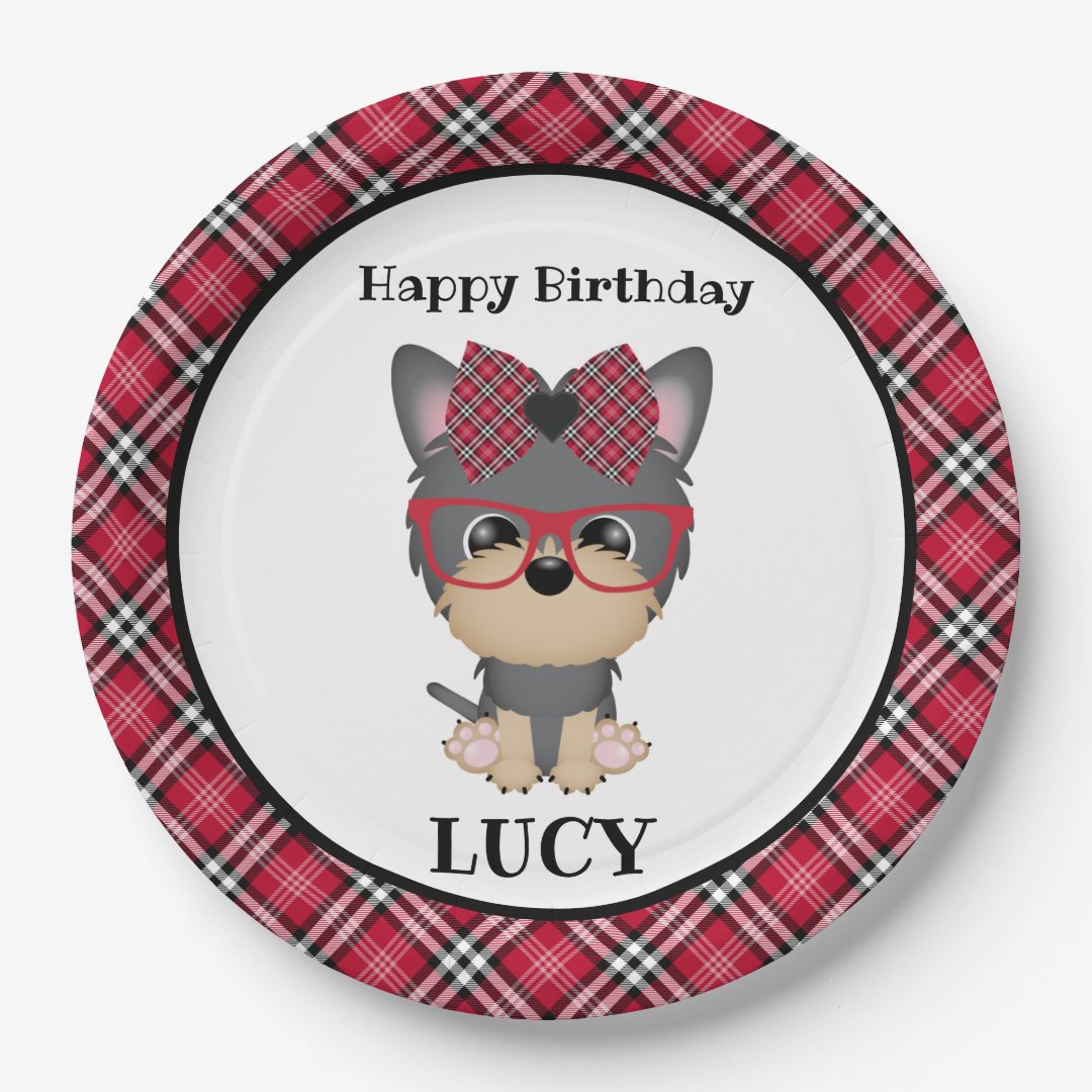 Yorkie Dog Red Plaid Birthday Party Plate | Zazzle