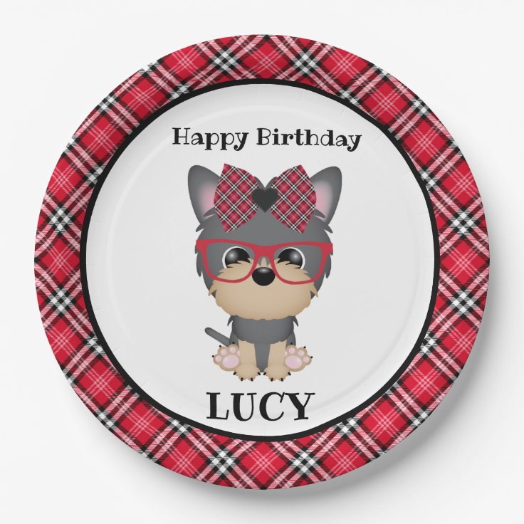 Yorkie Dog Red Plaid Birthday Party Plate | Zazzle