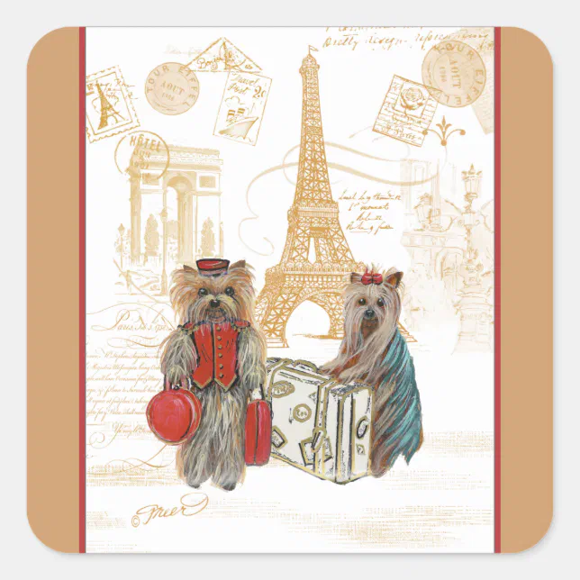 Yorkie in Paris & Eiffel Tower Square Sticker | Zazzle