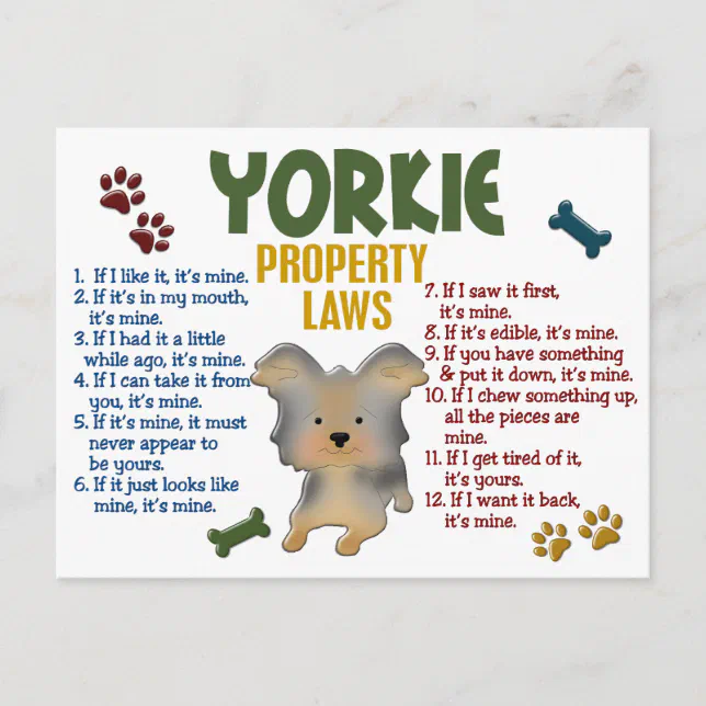 Yorkie Property Laws 4 Postcard | Zazzle