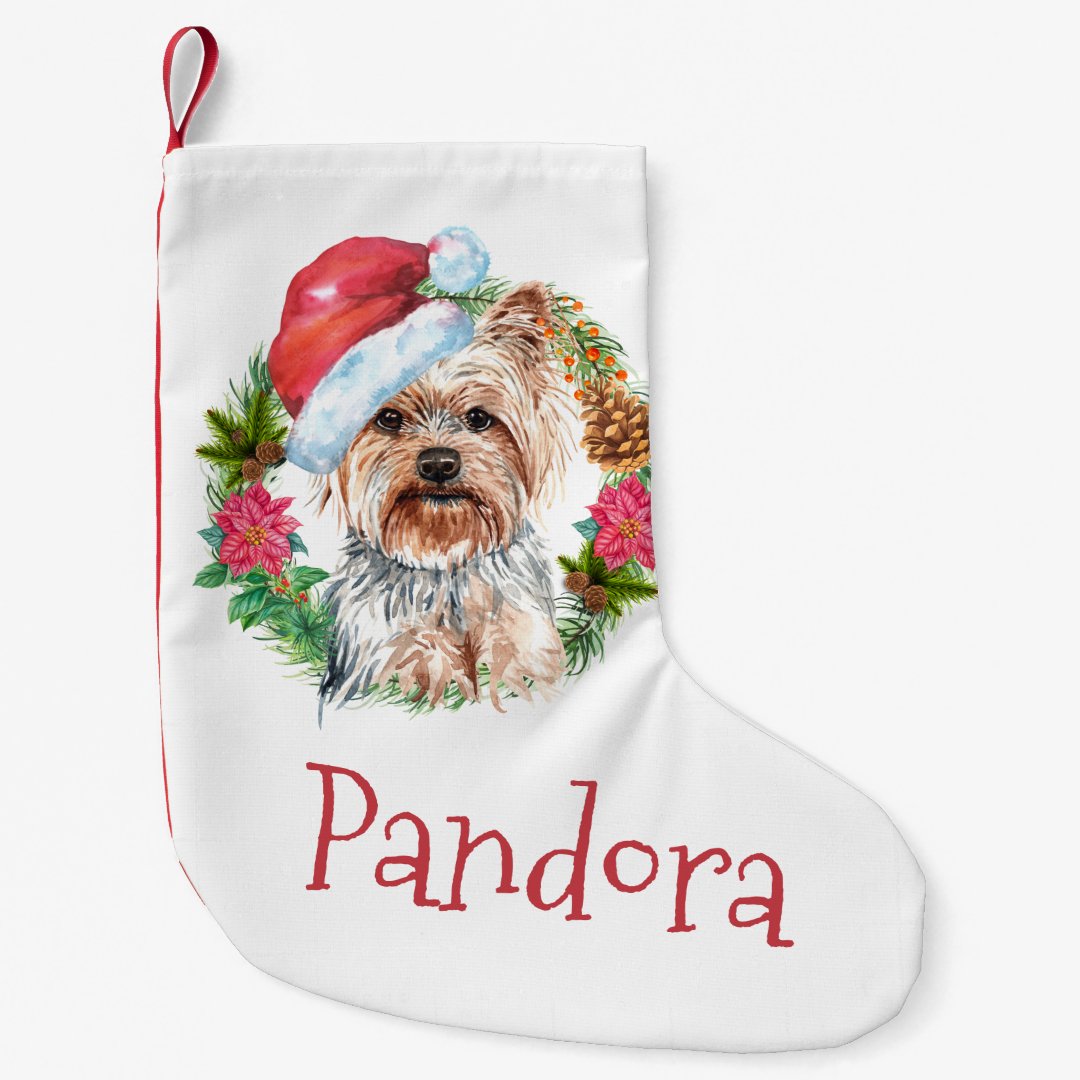 Yorkie Santa watercolor wreath hat DIY name Small Christmas Stocking ...