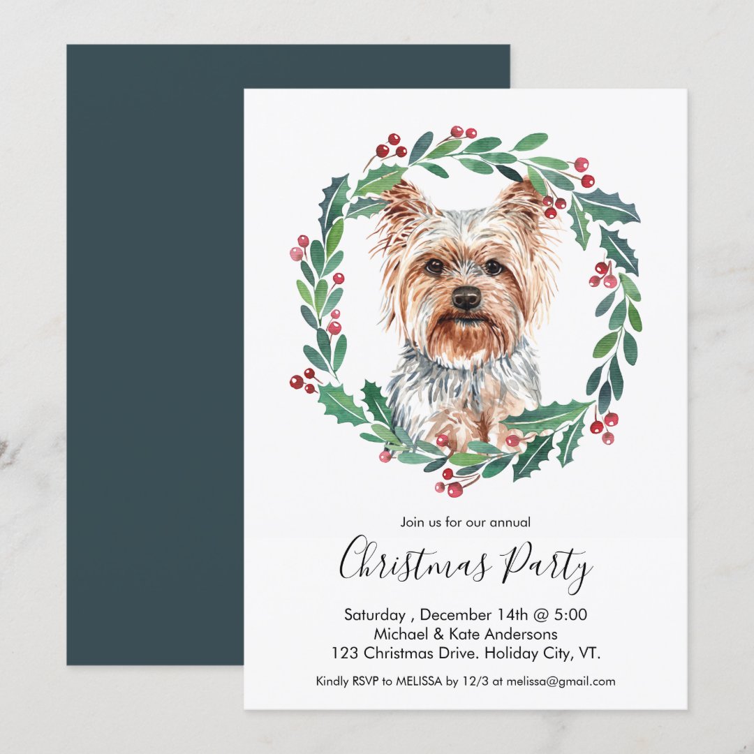 Yorkshire Terrier Cute Dog Elegant Christmas Party Invitation | Zazzle
