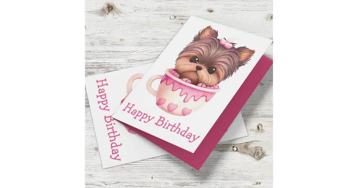 Yorkshire Terrier Puppy Pink Cute Yorkie Birthday Card | Zazzle