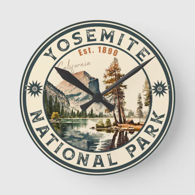 Yosemite National Park watercolor Half Dom Vintage Round Clock | Zazzle