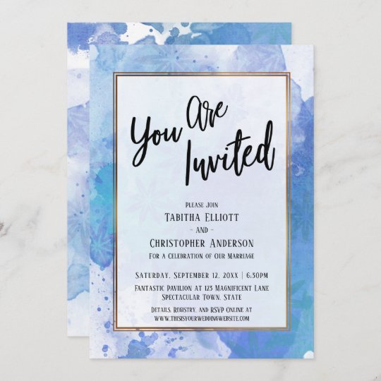 You Are Invited Gold Border Abstract Blue Splash Invitation | Zazzle.com