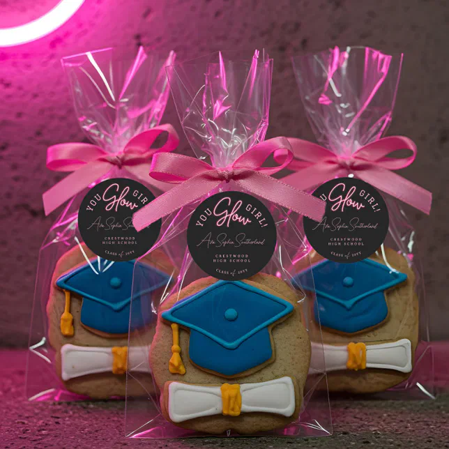 You Glow Girl Grad Pink Neon Script Graduation Classic Round Sticker ...