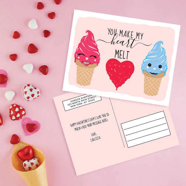 You Make My Heart Melt Ice Cream Valentine's Day Holiday Postcard | Zazzle