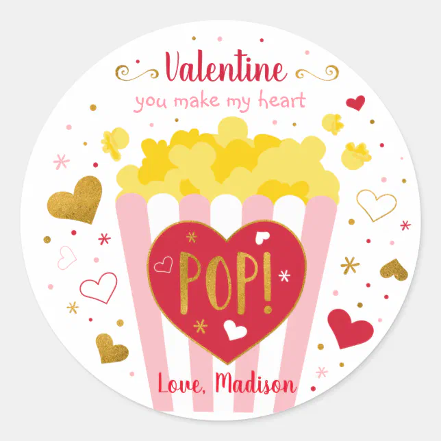 You Make My Heart Pop Valentine's Day Popcorn Classic Round Sticker ...