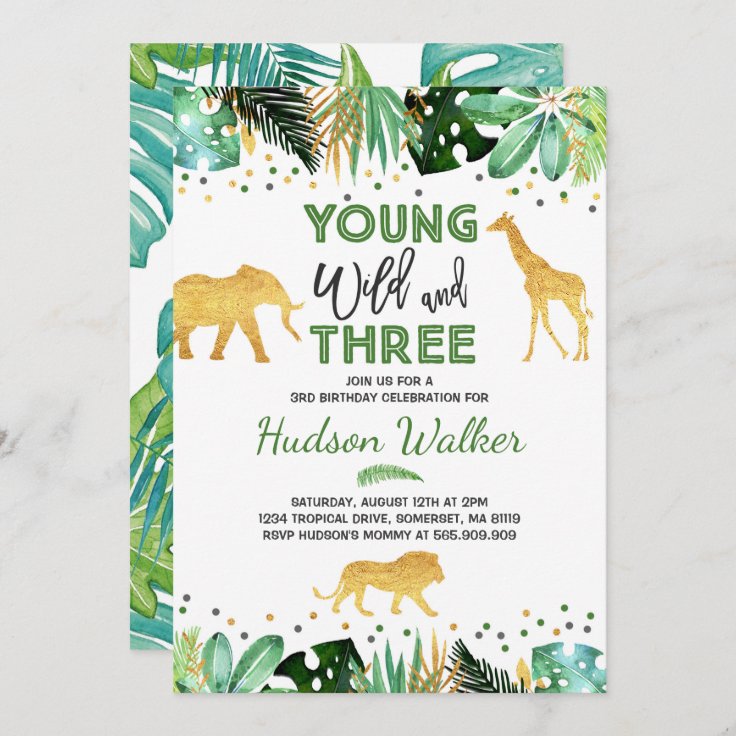 Young Wild And Three Birthday Invitation Jungle | Zazzle