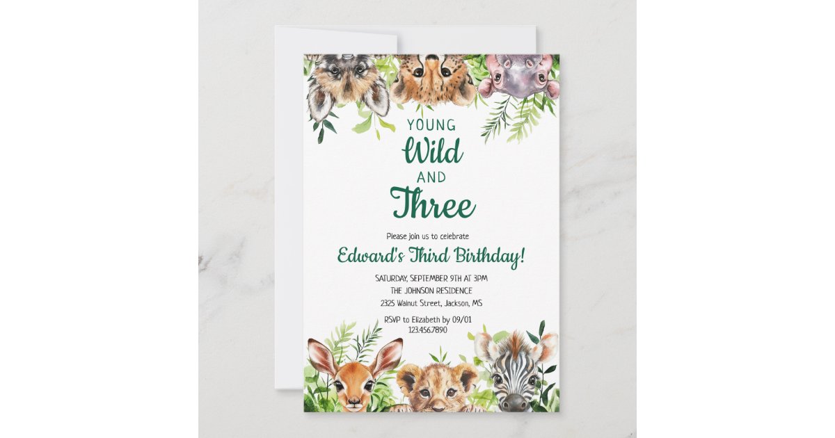 Young Wild And Three Cute Safari Animals Birthday Invitation | Zazzle
