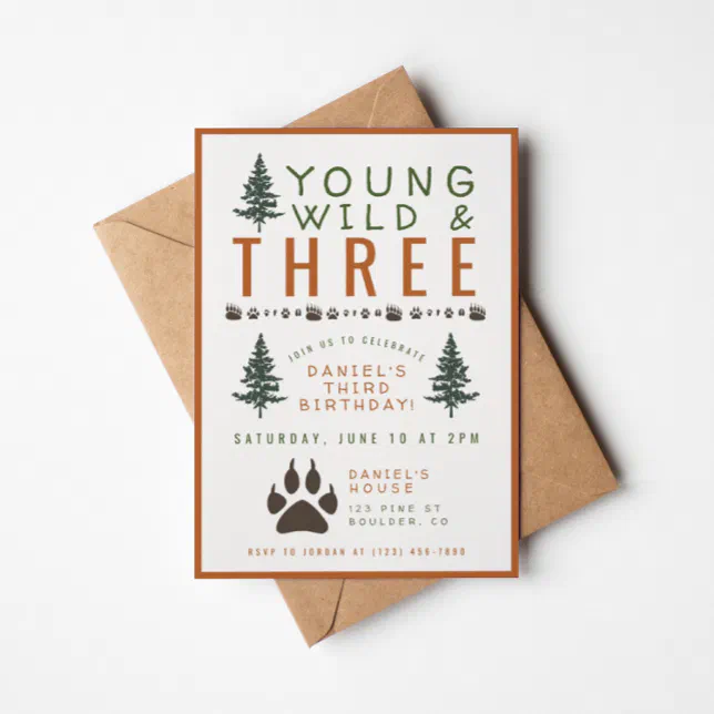 Young Wild and Three Forest Birthday Invitation | Zazzle