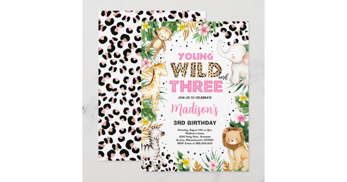 Young Wild And Three Leopard Print Safari Birthday Invitation | Zazzle