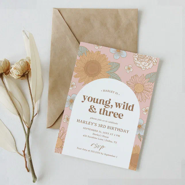 Young Wild and Three Retro Floral 3rd Birthday Invitation | Zazzle