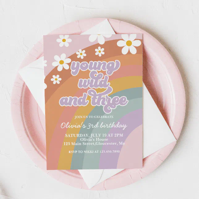 Young Wild and Three Retro Rainbow 3rd Birthday Invitation | Zazzle