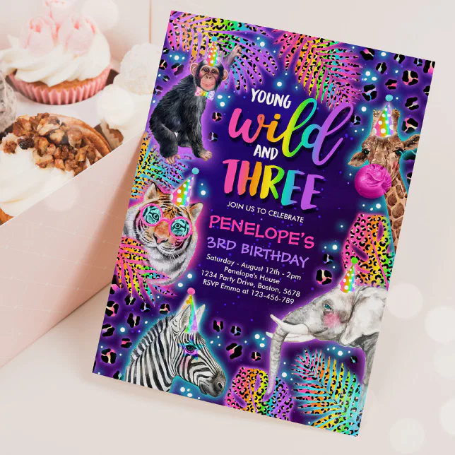 Young Wild And Three Safari Neon Cheetah Birthday Invitation | Zazzle