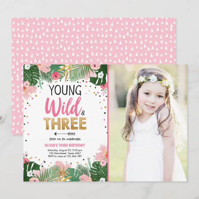 Young Wild and Three Tropical Safari Girl Birthday Invitation | Zazzle