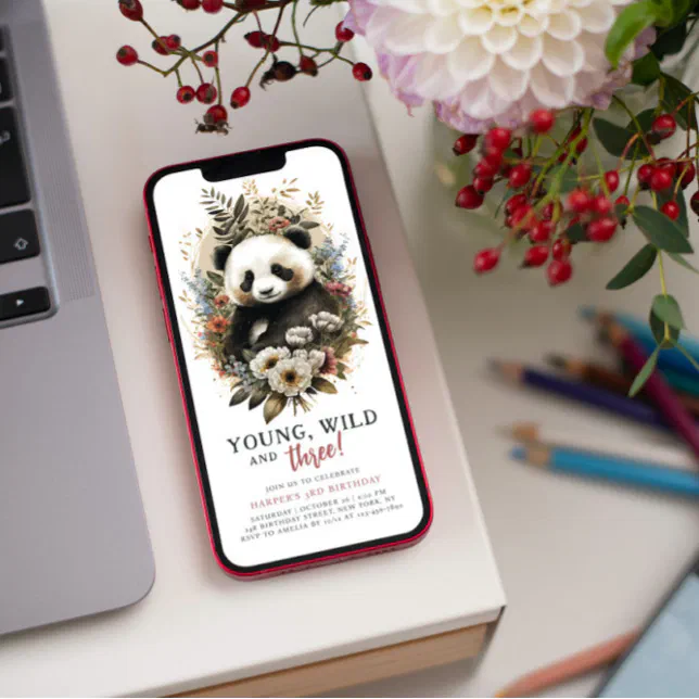 Young Wild Three 3rd Birthday Kids Cute Panda Invitation | Zazzle