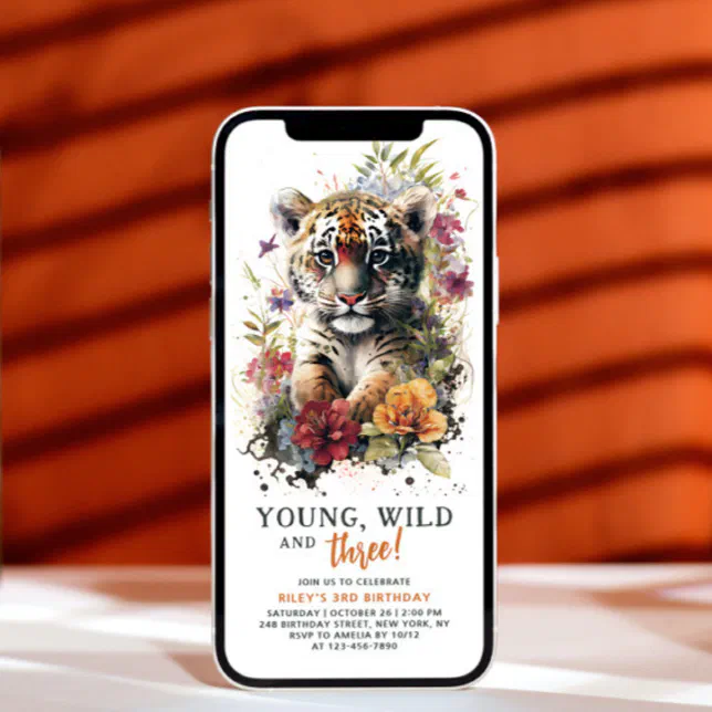 Young Wild Three 3rd Birthday Kids Cute Tiger Invitation | Zazzle
