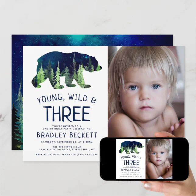 Young, Wild & Three | 3rd Birthday Photo Invitation | Zazzle