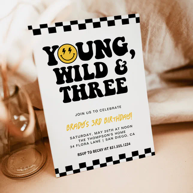 Young, Wild & Three, 3rd Birthday Smiley Face Bolt Invitation | Zazzle