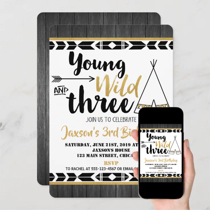 Young wild three 3rd third birthday invitation boy | Zazzle