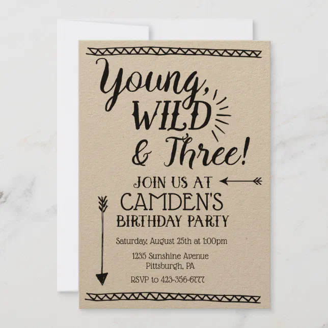 Young, Wild & Three Birthday invitation | Zazzle