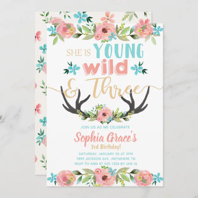 Young Wild & Three Birthday Invitation | Zazzle