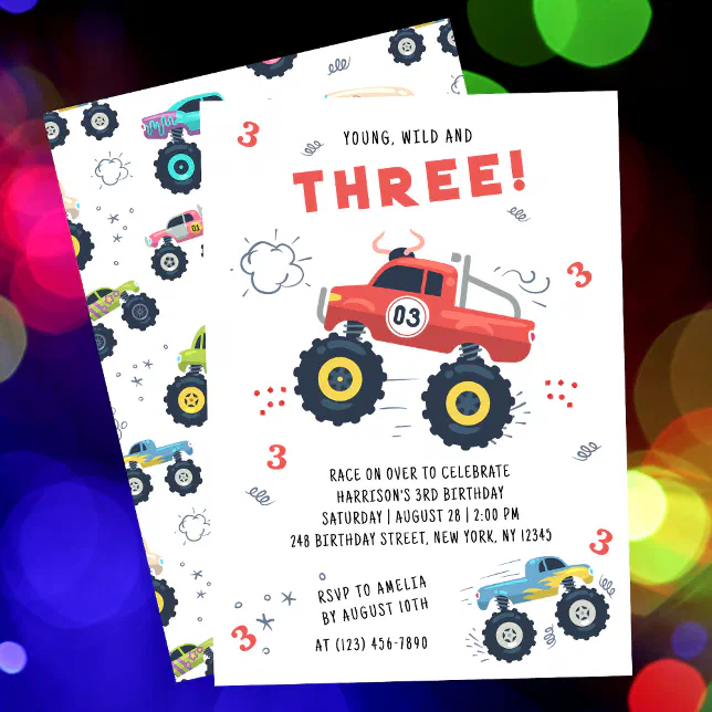 Young Wild Three Birthday Kids Monster Car Trucks Invitation | Zazzle