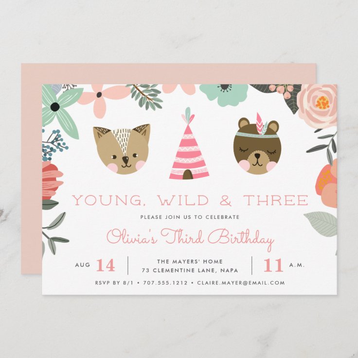 Young, Wild & Three | Birthday Party Invitation | Zazzle