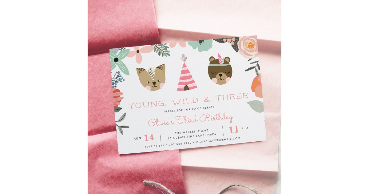 Young, Wild & Three | Birthday Party Invitation | Zazzle