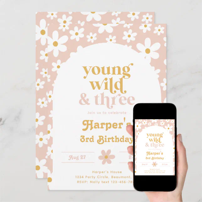 Young, Wild & Three Daisy Invitation | Daisies | Zazzle