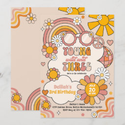 Young Wild & Three Flower Power Rainbow Birthday Invitation | Zazzle