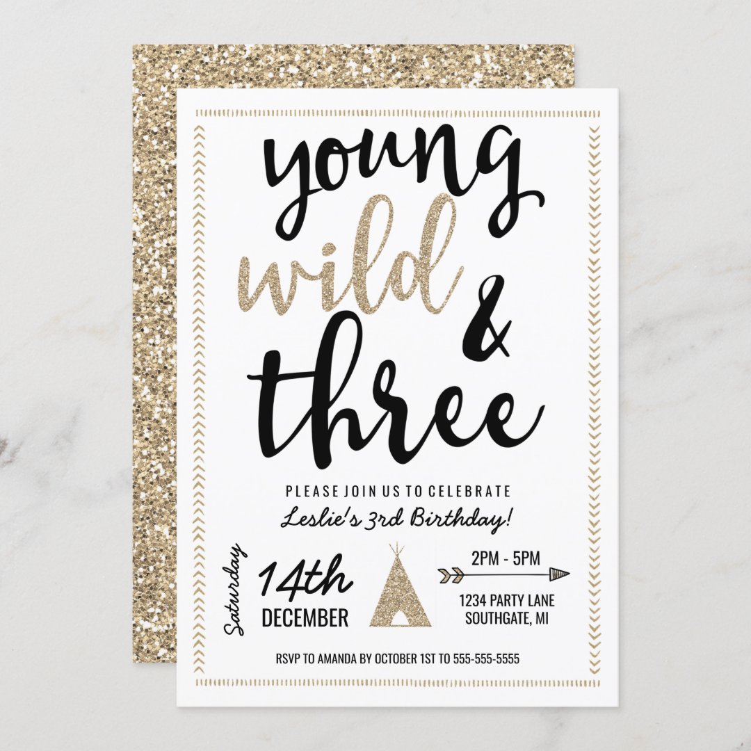 Young Wild & Three Invitation - Black & Gold | Zazzle