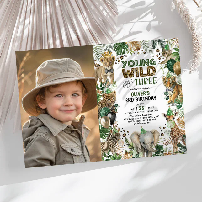 Young Wild & Three Jungle Animals Birthday Photo Invitation | Zazzle