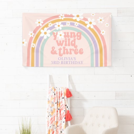 Young Wild Three Pastel rainbow 3RD birthday Banner | Zazzle